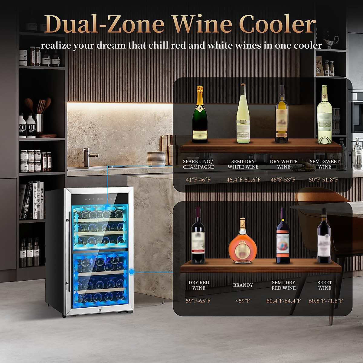FOVOMI 20" Wine Cooler Fridge 52 Bottles (Bordeaux 750ml),Freestanding Dual Zone Wine Refrigerator,Wine Cellar with Upgrade Compressor,Fast Cooling Quiet Low Vibration - Chiller for Kitchen,Home Bar