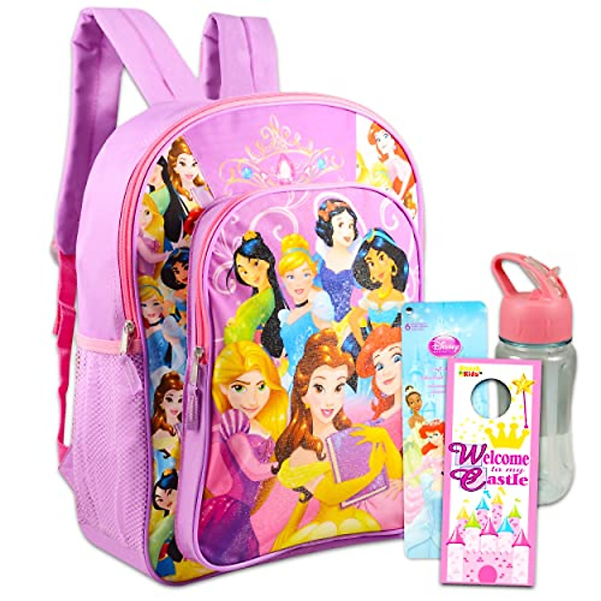 Disney Princess Backpack for Girls Bundle ~ Deluxe 16" Princess School Bag, Water Bottle, and More (Disney Princess School Supplies)