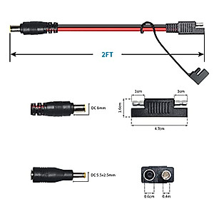 ELFCULB SAE Connector to DC8mm Male Adapter 14 AWG Extension Cable with DC 55mm*25mm Adapter and Polarity Reverse Adapter for Solar Panel Portable Power Station(2FT)