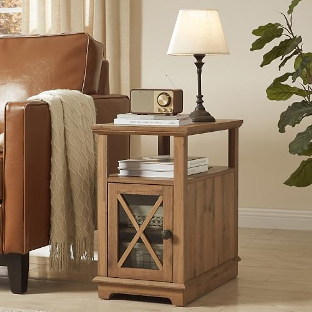 NBBOTBOT End Table with Charging Station, Side Table with USB Ports and Outlets, Nightstand with Adjustable Shelves, Narrow Side Table with Storage Cabinet for Living Room, Bedroom, Brown