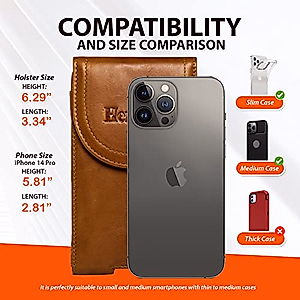Hengwin Belt Holster for iPhone 14, 13, 12 Genuine Leather Cell Phone Case with Belt Clip Magnetic Closure Belt Loop Phone Pouch for Belt Men (Fits Thin/Medium Case on) (Brown)