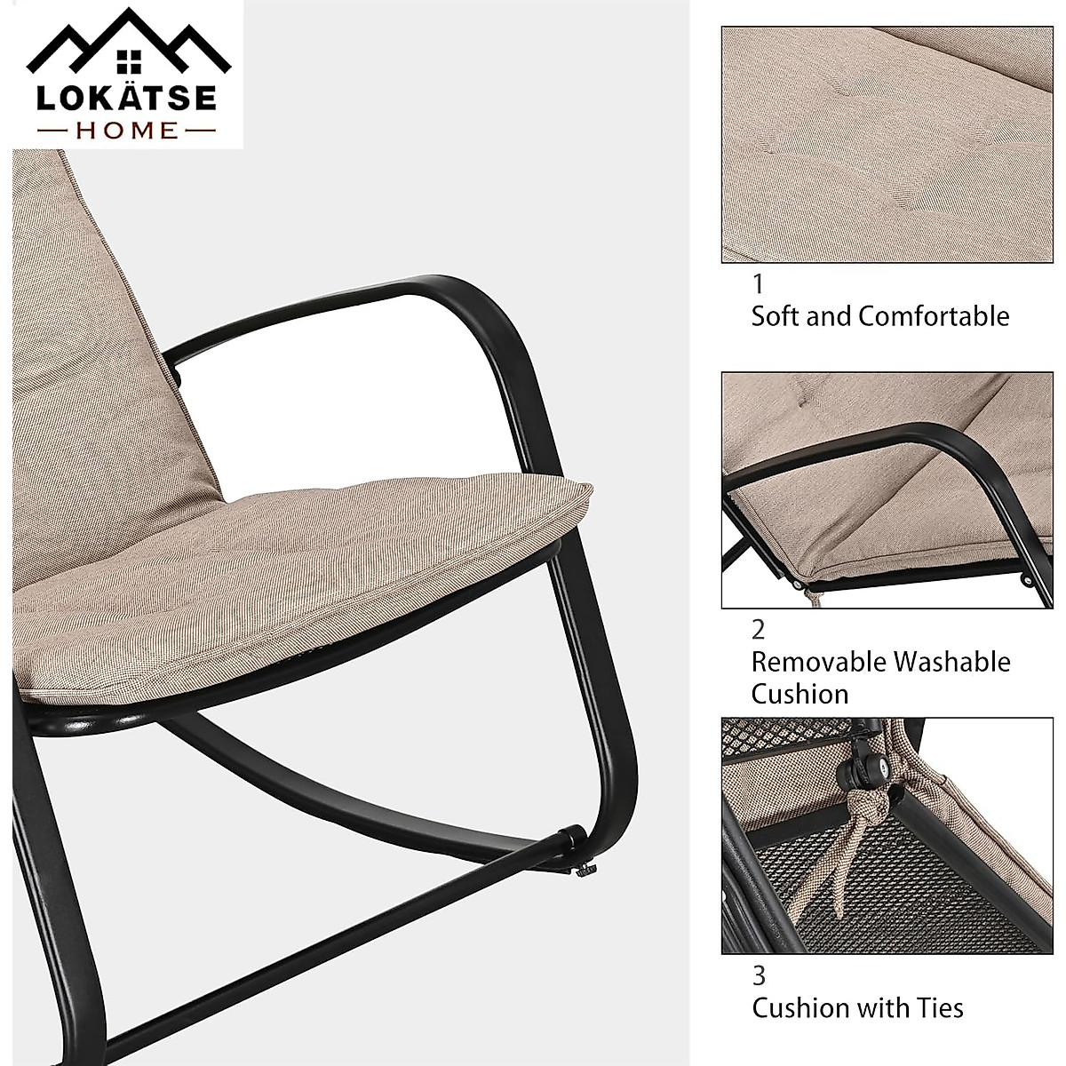 LOKATSE HOME Outdoor Patio Rocking Chair Set of 2 Padded Seat Steel Frame, Beige