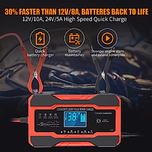 YONHAN Battery Charger 10-Amp 12V and 24V Fully-Automatic Smart Car Battery Charger, Battery Maintainer Trickle Charger, and Battery Desulfator with Temperature Compensation