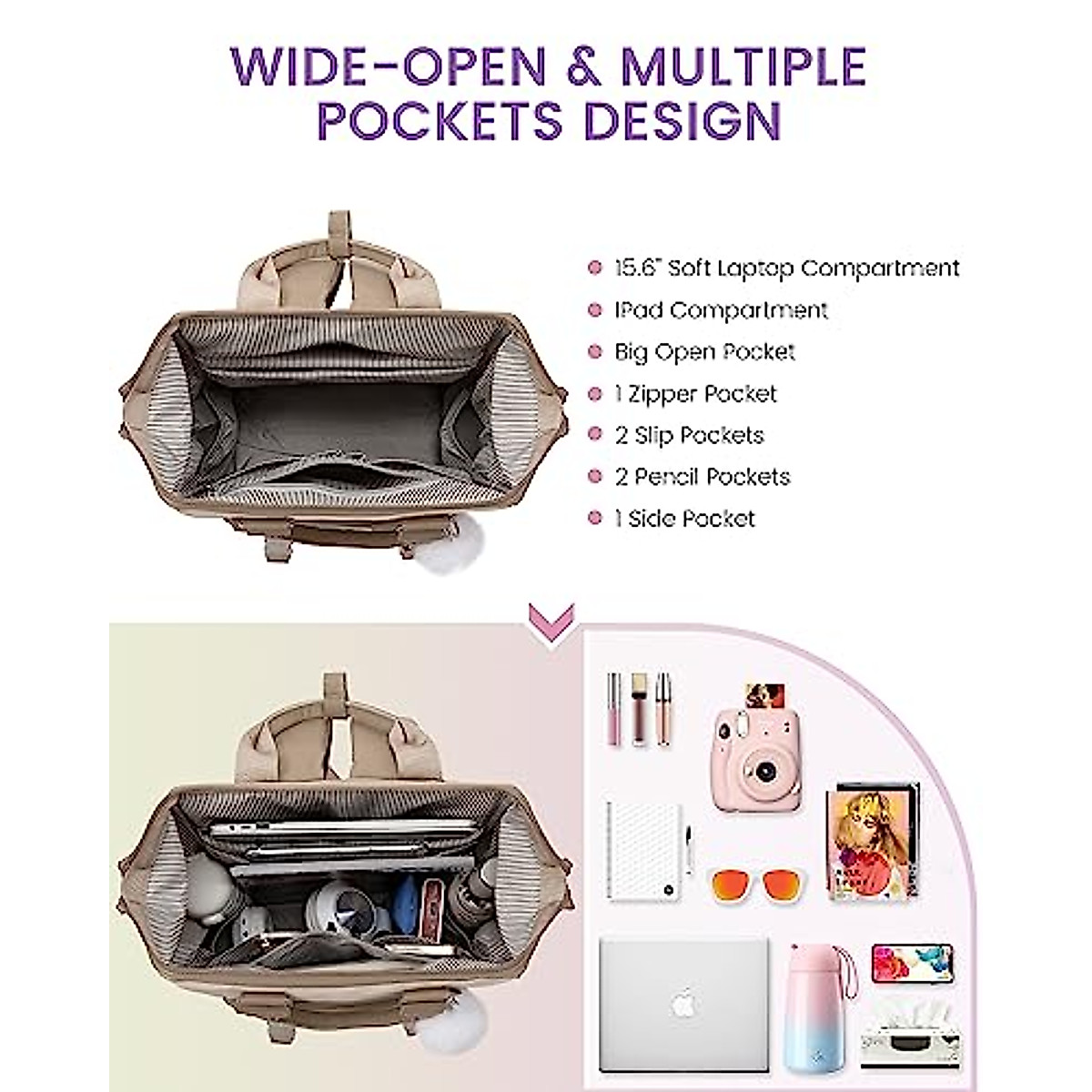 LOVEVOOK Laptop Backpack for Women,15.6 Inch College Backpack,Light Weight Travel Backpack Waterproof Casual Daypack Computer Backpack fits Travel Work Casual（Coffee&Beige）