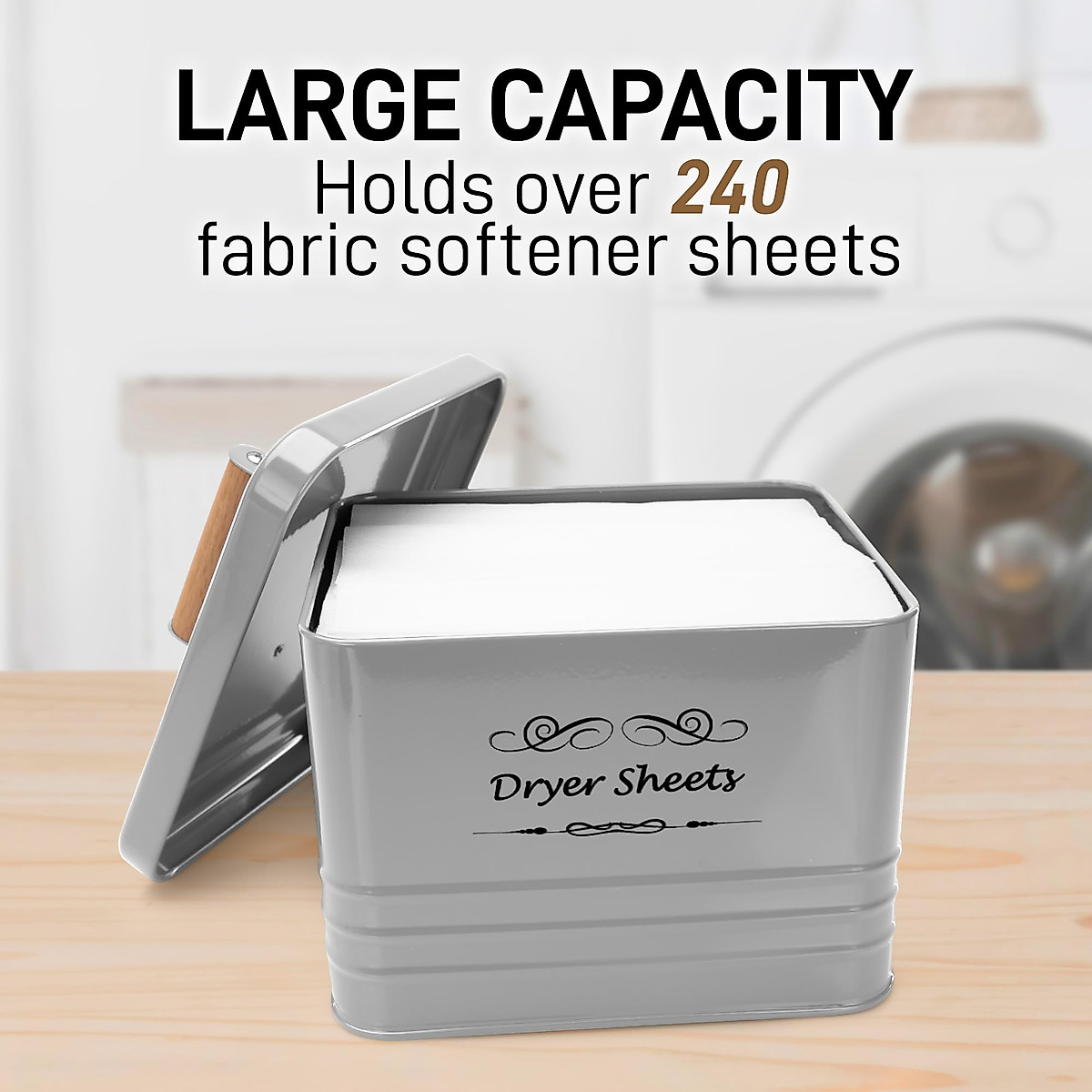 ELITAPRO Dryer Sheets Holder for Laundry Room - Farmhouse Dryer Sheet Box with Lid - Laundry Room Decor & Accessories - Metal Dryer Sheet Container for Laundry Room Organization & Storage (Khaki)