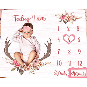 PHMOJEN Baby Monthly Milestone Blanket | Deer Antler Flowers with Words | Pink | Baby Growth Chart Monthly Blanket | Includes Markers 47"x47" BTLSPH68