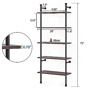 Realyoo Wall Mounted Bookshelf, 5 Tier Industrial Open Vintage Bookcase, Rustic Wood and Metal Book Shelf, Tall Modern Book Case for Office Home Living Room Bedroom - Walnut