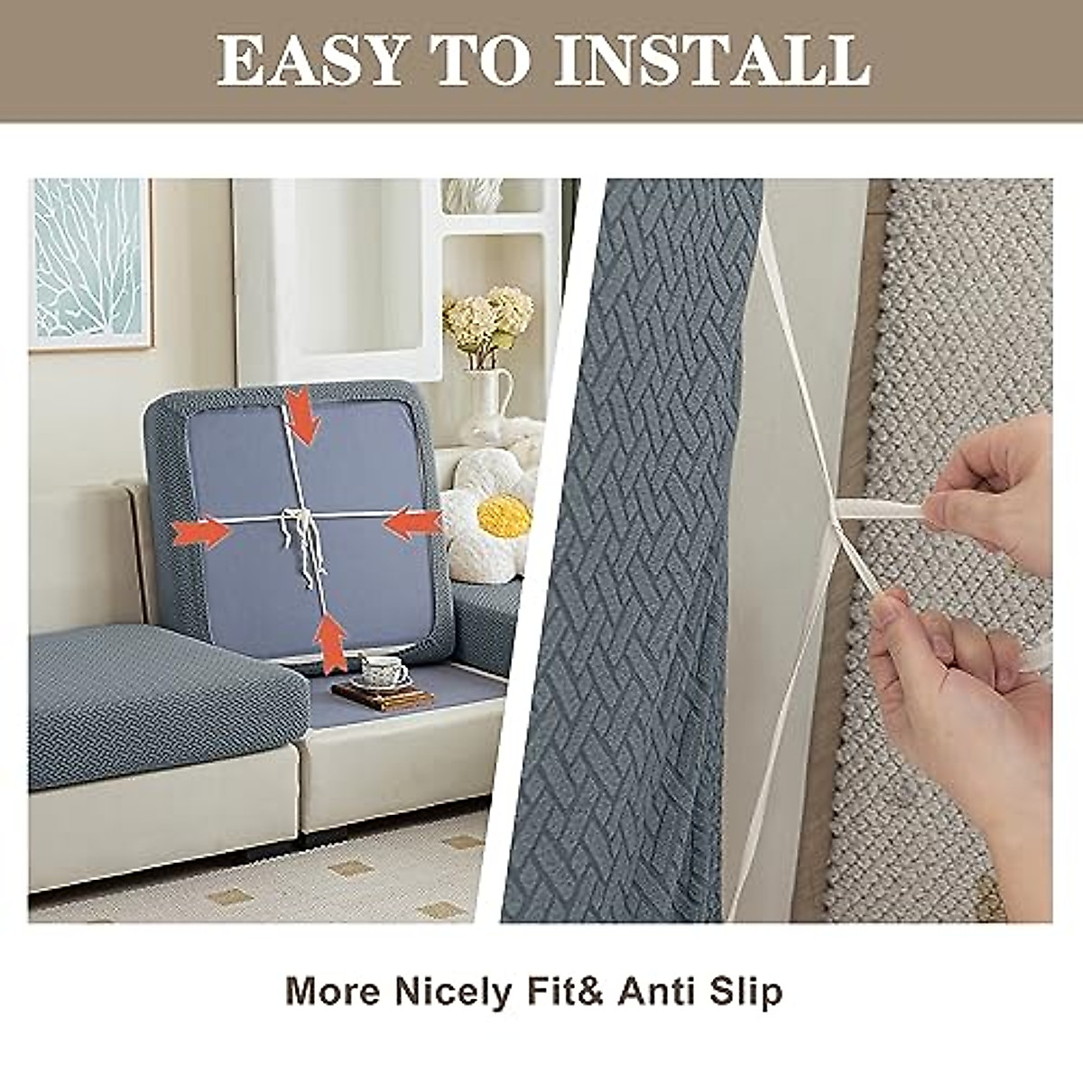 Jin Le Stretch Couch Cushion Covers Sofa Seat Couch Covers for 3 Cushion Couch Sofa Pet Friendly Jacquard Soft Fabric with Elastic Bottom and Ties (3 PC, Dark Gray)