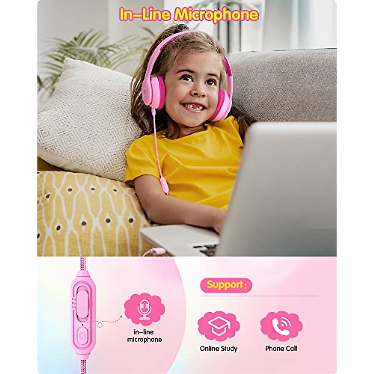 DOQAUS Wired Headphones for Kids, Kids Headphones with Microphone & Volume Limiter & Shareport, Gift for Children/Girls/Boys/Teens, 3.5mm Jack for Cellphones/Computer/Kindle/Tablet/School/Travel(Pink)