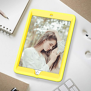 Hocase Compatible with iPad 5th/6th Generation Case, High-Impact Shock Absorbent Dual Layer Silicone+Hard PC Bumper Protective Case - Bright Yellow