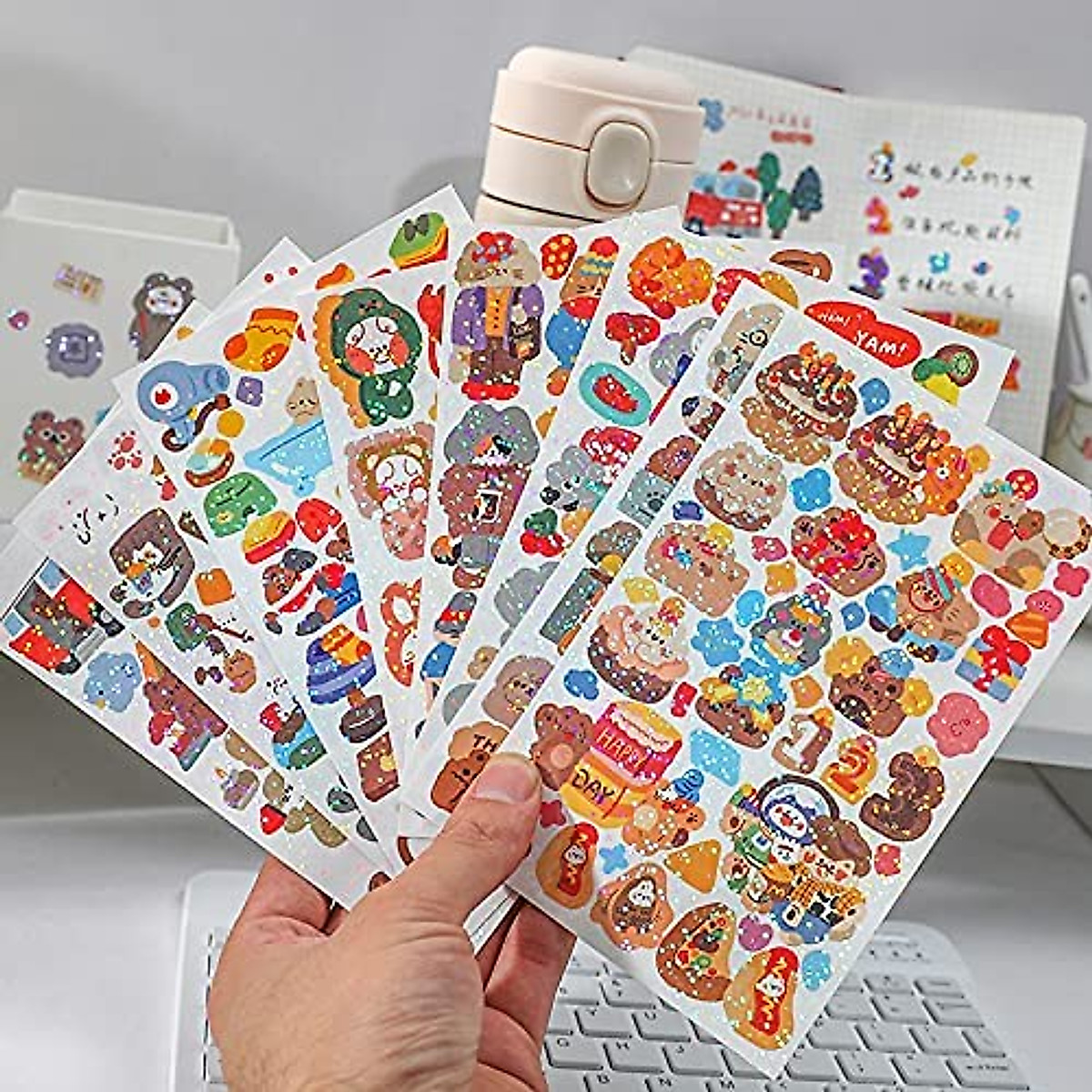 gomtyea Cute Scrapbook Stickers,Kawaii Laser Rabbit Bear Cat Animal Waterproof Bling Photo Decoration Sticker Decal Packs for Phone Case,Laptop,Aesthetic Stickers for Kids,Teens,Adults,8 Sheets