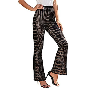 XBTCLXEBCO Sequin Bell Bottoms for Women Glitter High Waist Wide Leg Palazzo Pants Casual Sparkle Flared Trousers Disco Pants (Black, X-Large)