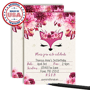 Fancy Fox Face Watercolor Floral Birthday Party Invitations, 20 5x7 Fill In Cards with Twenty White Envelopes by AmandaCreation