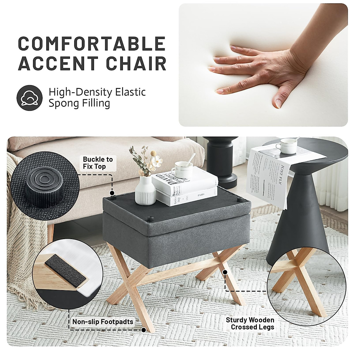 Furniliving Linen Storage Ottoman Square Ottoman Button-Tufted Foot Stool with Wooden X Legs, Modern Footrest Rectangle Vanity Stool, Makeup Stool for Living Room, Bedroom (Grey)