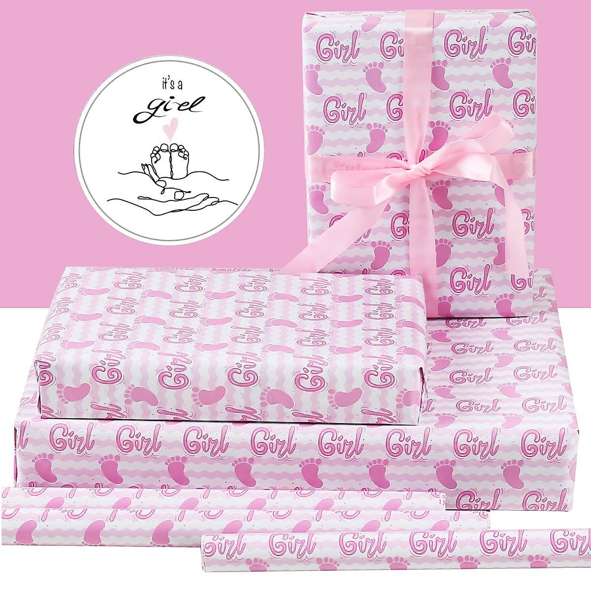 AircooL Baby Girl Wrapping Paper, It's a Girl Baby Girl Feet Pink White Stripes Wrapping Paper 20 x 28 inches for Girl Birthday Present Gender Reveal Theme Baby Shower Party Kindergarten Newborn
