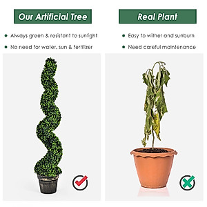 Goplus 4FT Artificial Spiral Boxwood Topiary Tree, 2 Pack Greenery Large Faux Plant in Cement-Filled Plastic Pot, Tall Fake Plant for Indoor Outdoor Home Front Porch Decor