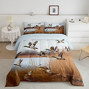 Erosebridal Mallard Duck Duvet Insert Duck Hunting Themed Comforter Set for Kids Teens Adults Mallard Duck Bird Printed Bedding Set Rustic Natural Lake Scenery Quilt with 2 Pillowcases,Queen Size