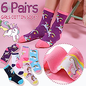 ANTSANG Children Cotton Crew Socks for Girl Boy Kids Toddler Gift Fashion Cute Cartoon Animal Stocking Stuffer Unicorn Socks 6 Pack (Unicorn-I, 5-8 Years Old)