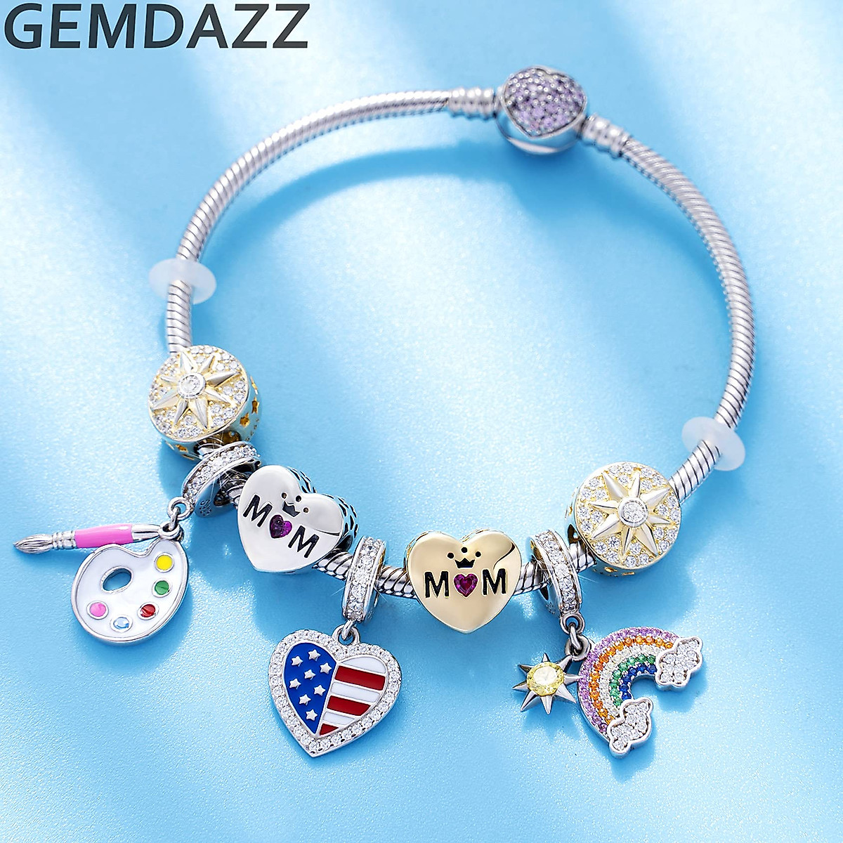 18K Gold Plated Mom Queen Charms, fits Pandora First Mothers Day Bracelet, 925 Sterling Silver I Love You Mum with Heart CZ Beads, Gift for Christmas/Grandmother/Grandma