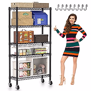Hodonas 5-Tier Storage Shelves with Wheels, Freestanding Metal Shelves for Storage Wire Shelving Unit Storage Shelf, Metal Shelving Rack for Pantry Garage Kitchen Storage, Black, 36"W x 14"D x 75"H …