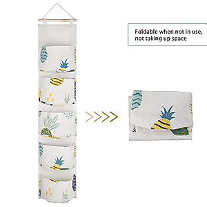 LASZOLA 2Pcs Over The Door Hanging Storage Bag, Waterproof Wall Closet Organizer Linen Fabric Stylish Mount Organizer with 5 Pockets for Bedroom Bathroom Kitchen (Pineapple+Lemon)