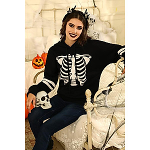 Women Halloween Funny Spooky Pullover Sweatshirts Graphic Print Long Sleeves Hoodie Skeleton M