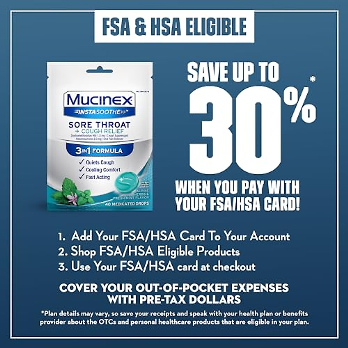 Mucinex Instasoothe Sore Throat Relief + Cough Relief, Sore Throat Lozenges, Cough Drops with Dextromethorphan HBr & Hexylresorcinol, Alpine Herbs & Fresh Mint Flavor Medicated Throat Drops, 40ct