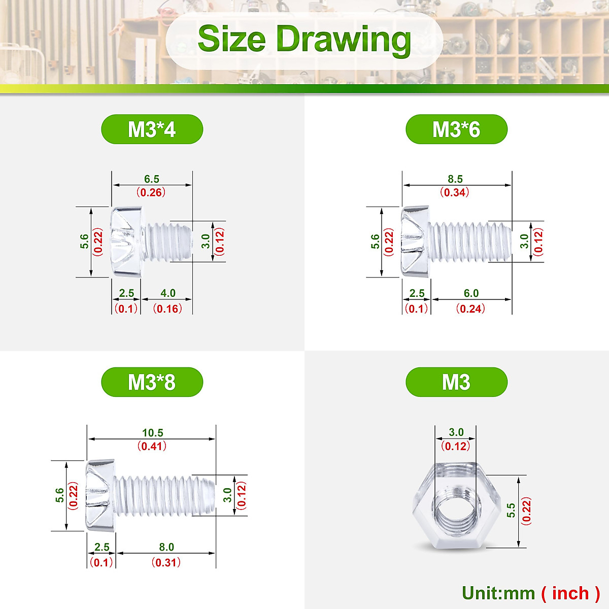 Pzsmocn 180 Pieces M3*4/6/8mm PC Transparent Plastic Cross-recessed Round Head Screws and Hexagonal Nuts Kit, Corrosion-Resistant, for DIY, Model and Electronic Product Fixation.