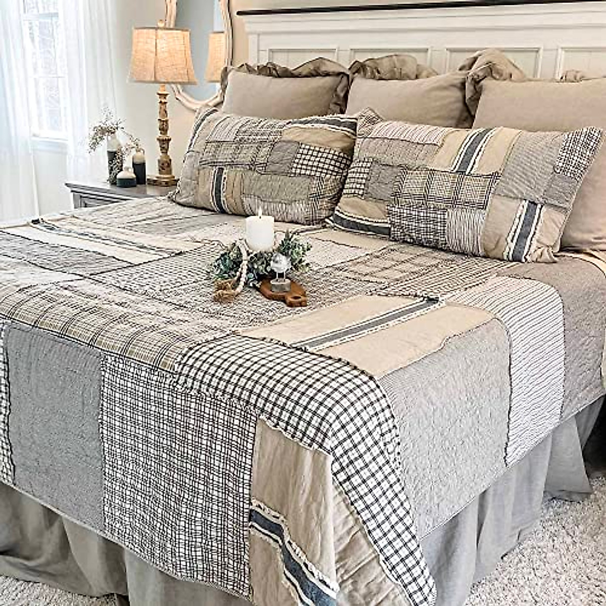 Piper Classics Mill Creek Queen Quilt, 90 x 90, Modern Farmhouse Style Bedding, Country Quilted Patchwork Bedding Grain Sack Stripe, Ticking & Plaid Fabrics, 100% Cotton …