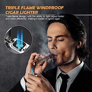 TISFA Cigar Torch Lighter, Cigar Lighter with Built in Cigar Cutter, Triple Jet Flame Butane Lighter with Visible Window, Refillable Butane Windproof Lighters (Silver)