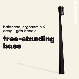 SLOWCORP. Soft Charcoal Bristle Toothbrush, Free-Standing Base for Kids and Adults, BPA-Free, Natural Teeth Whitening Dental Care, Vegan Certified (Black)