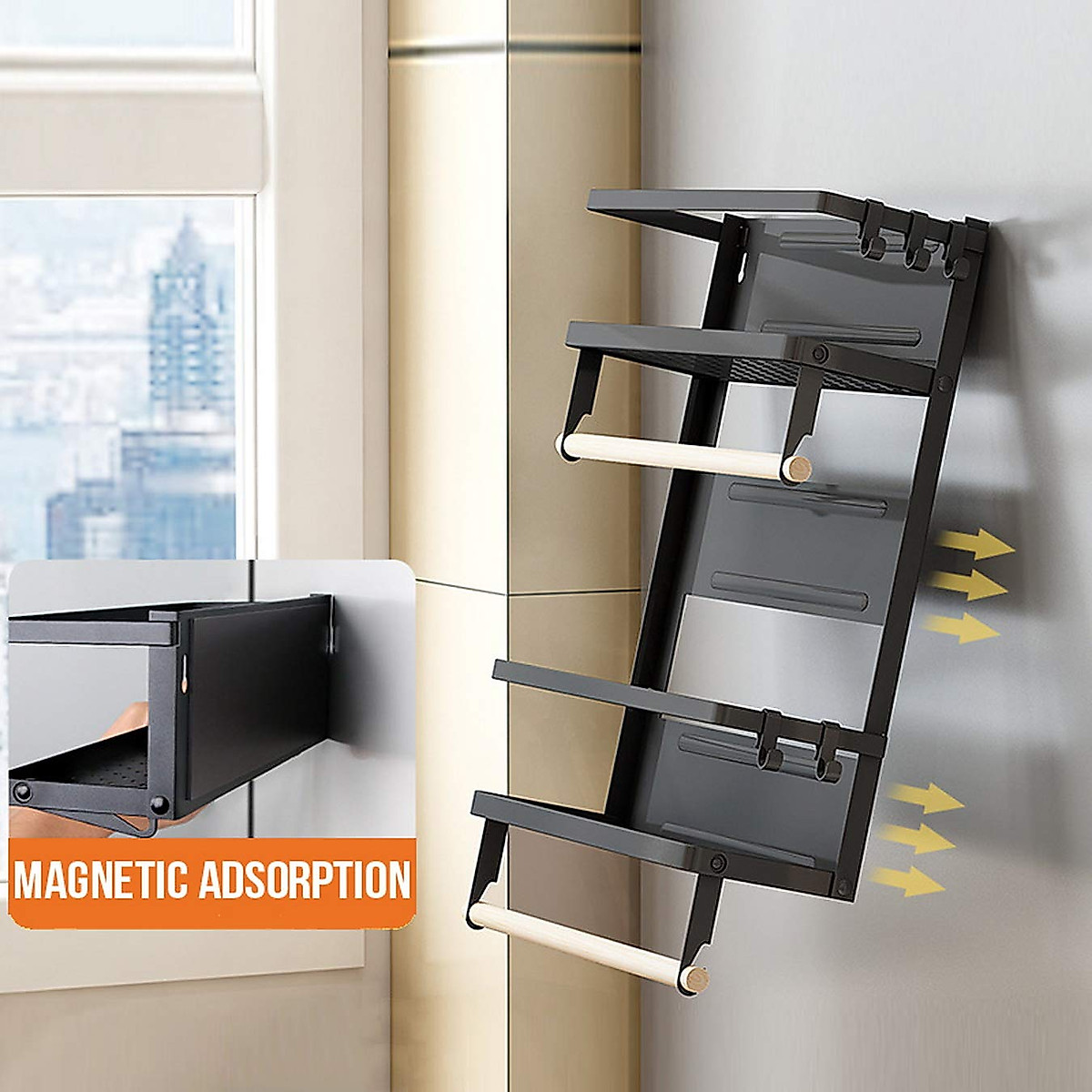 Jolitac Magnetic Fridge Spice Rack- Space Saving Organizer Black Shelf on Refrigerator, Kitchen Paper Towel Holder, Foldable Design (Black-Small)