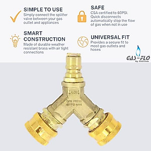 GAS-FLO, Gas Quick Disconnect 3/8 Y Splitter, CSA Certified for Propane and Natural Gas