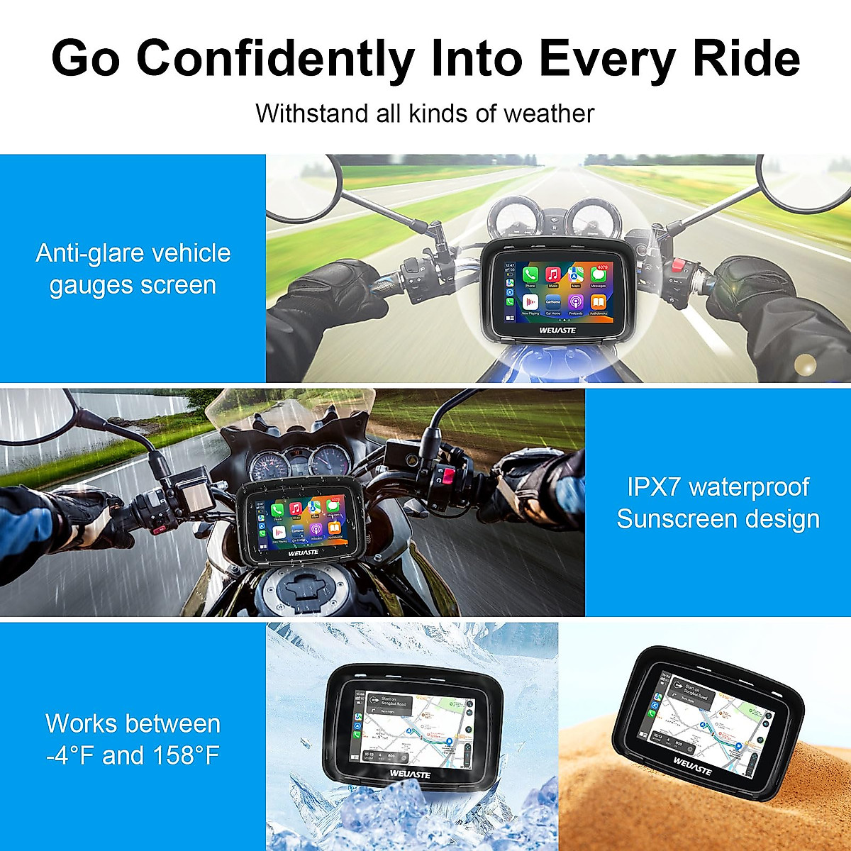 WEUASTE Portable Apple Car Play Screen for Motorcycle, Wireless Apple CarPlay & Android Auto for Motorbike, Motorcycle Carplay GPS Navigation, 5" Waterproof Touch Screen, Dual Bluetooth, Support Siri