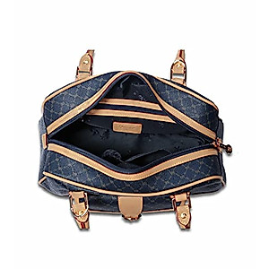Rioni Signature STA-20017 Navy Satchel Organizer Canvas Leather Handbag Shoulder Bag
