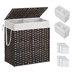 SONGMICS Handwoven Laundry Basket, 90L Synthetic Rattan Wicker Clothes Hamper with Lid and Handles (Brown)