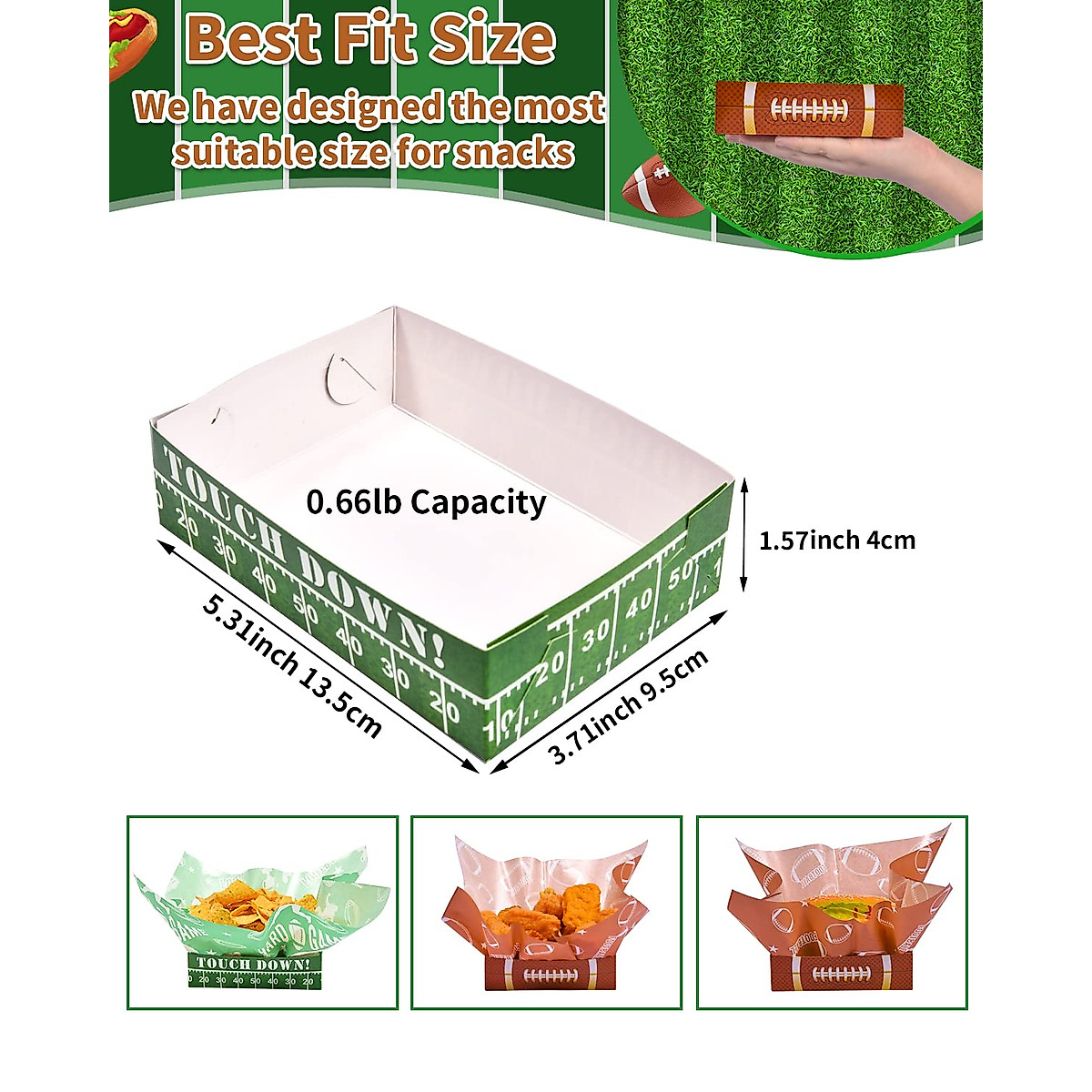 YAYIP 50 Pack Paper Food Trays Disposable with Football Style, Nacho Trays and Hot Dog Tray with Grease Resistant Liner Papers Waxed Deli Sheets for Movie Night Supplies, Food Serving Boats for Snacks