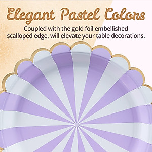 Confettiville Party Paper Plates, 50-Pack, Disposable Paper Plates, Gold Foil Scalloped Edge, Striped Pastel, 6 Colors, 9-Inch