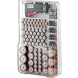 The Battery Organizer and Tester with Cover, Battery Storage Organizer and Case, Holds 93 Batteries of Various Sizes, Includes a Removable Battery Tester, Battery Holder for Garage Organization, White