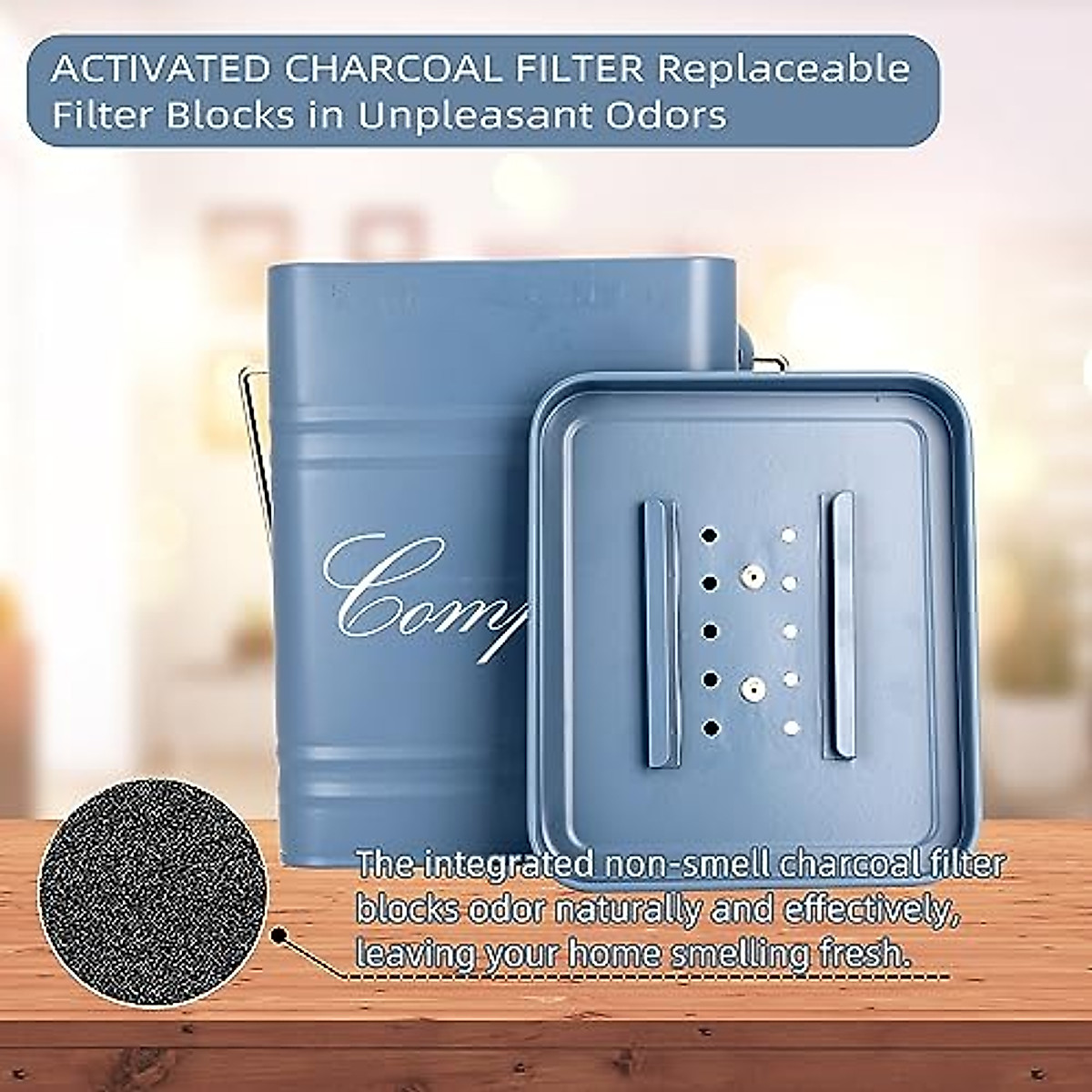 Countertop Compost Bin for Kitchen - Rustic Farmhouse Countertop Composting Container - 1.7 Gallon Carbon Steel Pail for Food Scraps - Metal Bucket with Lid, Wooden Handle & Charcoal Filter