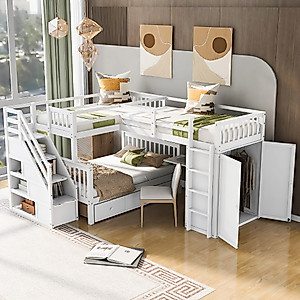 Merax L-Shaped Triple Bunk Bed with Desk & Stairs, Twin & Twin Over Full Bunk Bed for 3, Storage Drawers and Wardrobe Included, for Adults, Boys & Girls, White