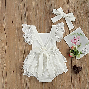 Newborn Baby Girl Romper Lace Tutu Dress Bodysuit Ruffle Sleeveless Jumpsuit with Headband Summer Outfits (White, 0-6 Months)