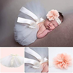4 PCS Newborn Photography Props Outfits-BabyTutu Skirt Cute Bow Headdress and Lace Rompers Flower Headband Sets for Infants Girl Boy
