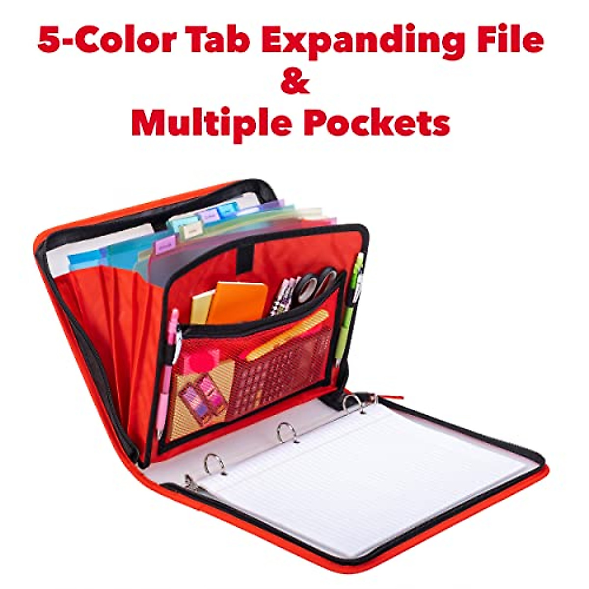 Case-it Transulcent Slim Go Tab Zipper Binder, 1" O-Ring with 5-Color tabs, Expanding File Folder, PS-425-Slim, Red