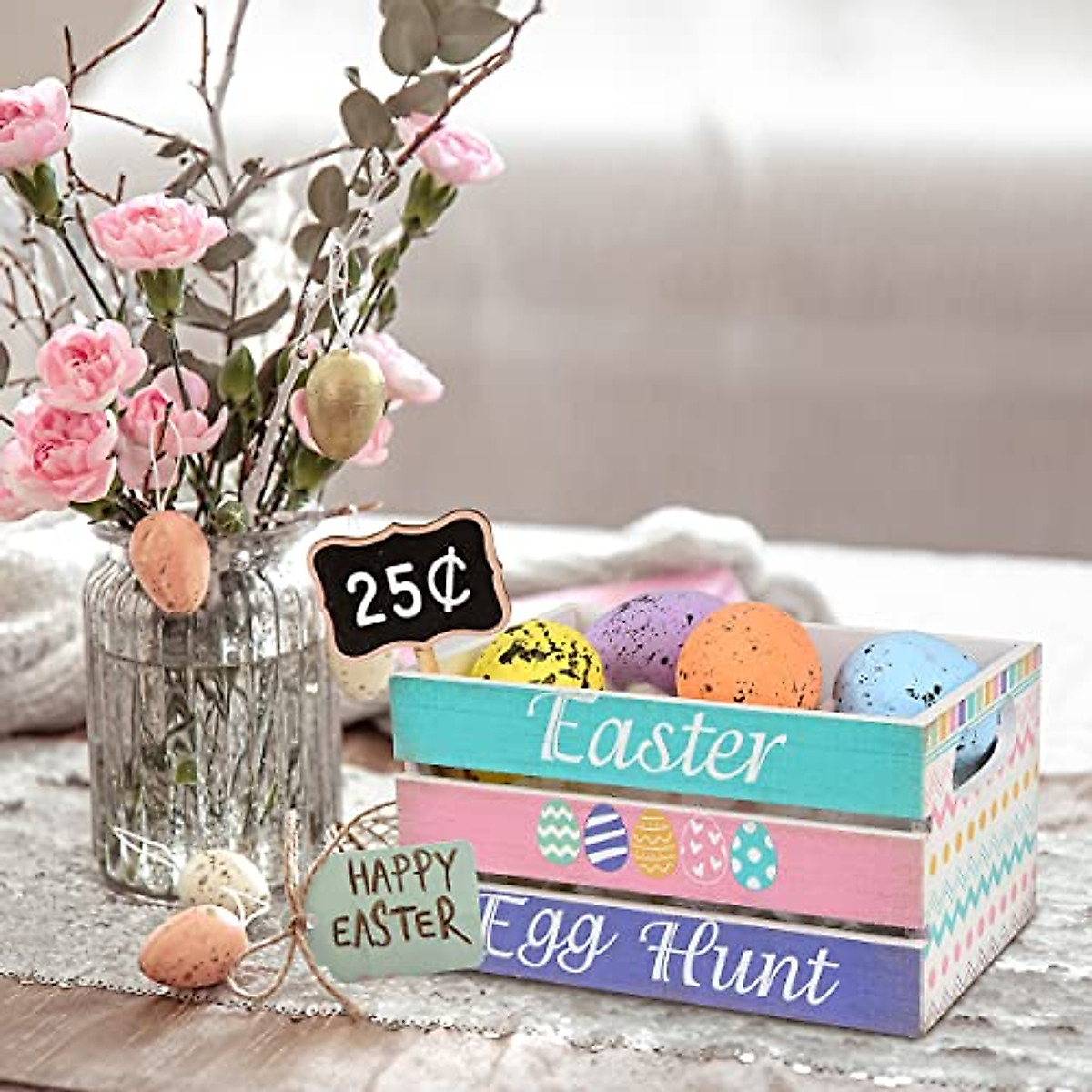 Easter Wooden Storage Crates Spring Mini Crate Decorations Easter Tiered Tray Decor Rustic Farmhouse Wood Box with Decorative Eggs Carrots for Easter Spring Home Decor Table Centerpiece