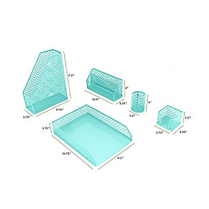 BLU MONACO Aqua - Teal 6 Piece Cute Desk Organizer Set - Desk Organizers and Accessories for Women - Cute Office Desk Accessories - Desktop Organization