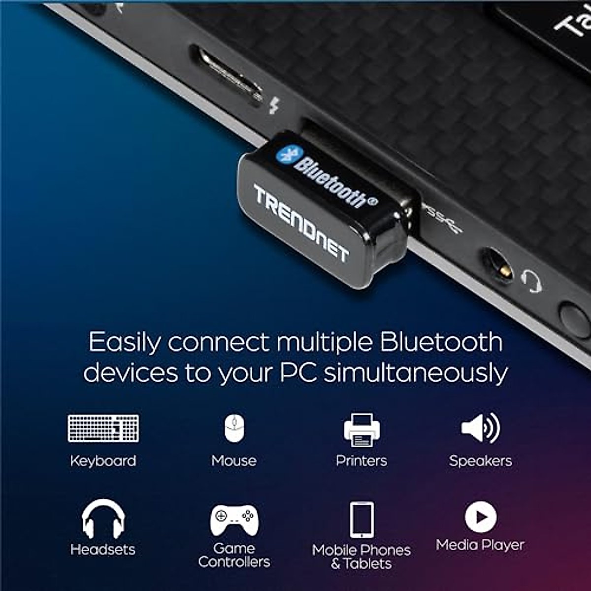TRENDnet Micro Bluetooth 5.0 USB Adapter, Supports Basic Rate(BR), Bluetooth Low Energy(BLE), Enhanced Data Rate(EDR), 100m (328ft.) Range, Supports Windows OS, Black, TBW-110UB (Pack of 1)