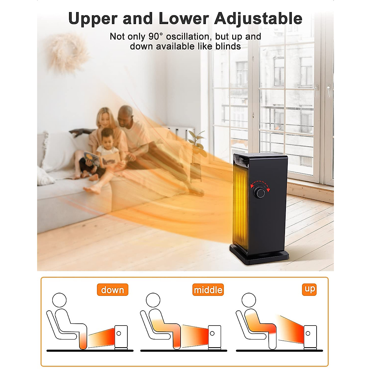 Space Heater, Tower Heater with Oscillation ECO thermostat, 1500W Portable Heater with Fan Only Mode & 24-Hours Timer, Overheat Tip-over Protection, Space heaters for Indoor Bedroom Office Use