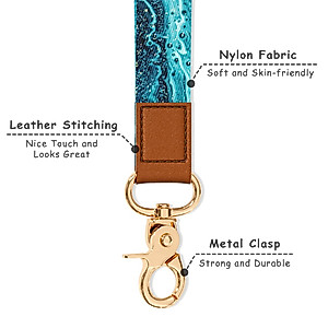 Hsxnam Wrist Lanyard Key Chain, Cute Wristlet Strap Keychain Holder for Women Men Keys Airpods ID Badges Phone, Teal Marble