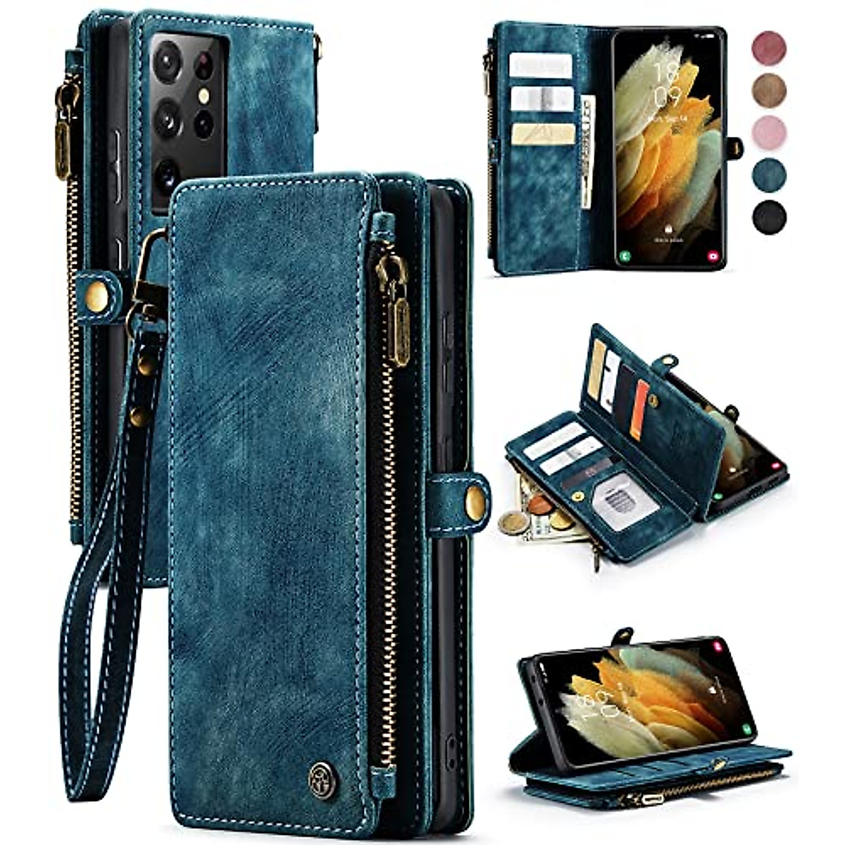 Defencase Samsung Galaxy S21 Ultra Case, Galaxy S21 Ultra Wallet Case for Women Men, Durable PU Leather Magnetic Flip Lanyard Strap Zipper Card Holder Phone Case for Samsung S21 Ultra - Blue Green